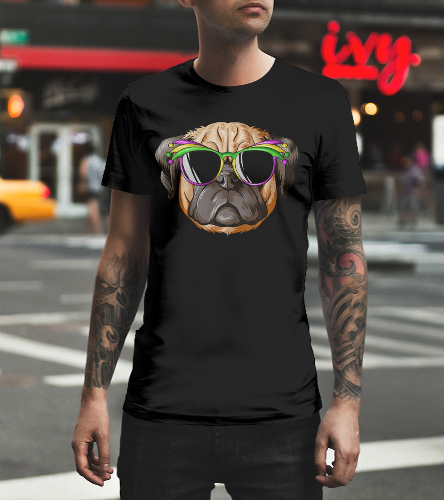 Pug Wearing Mardi Gras Carnival Mask With Colorful Beads And Sunglasses T-Shirt