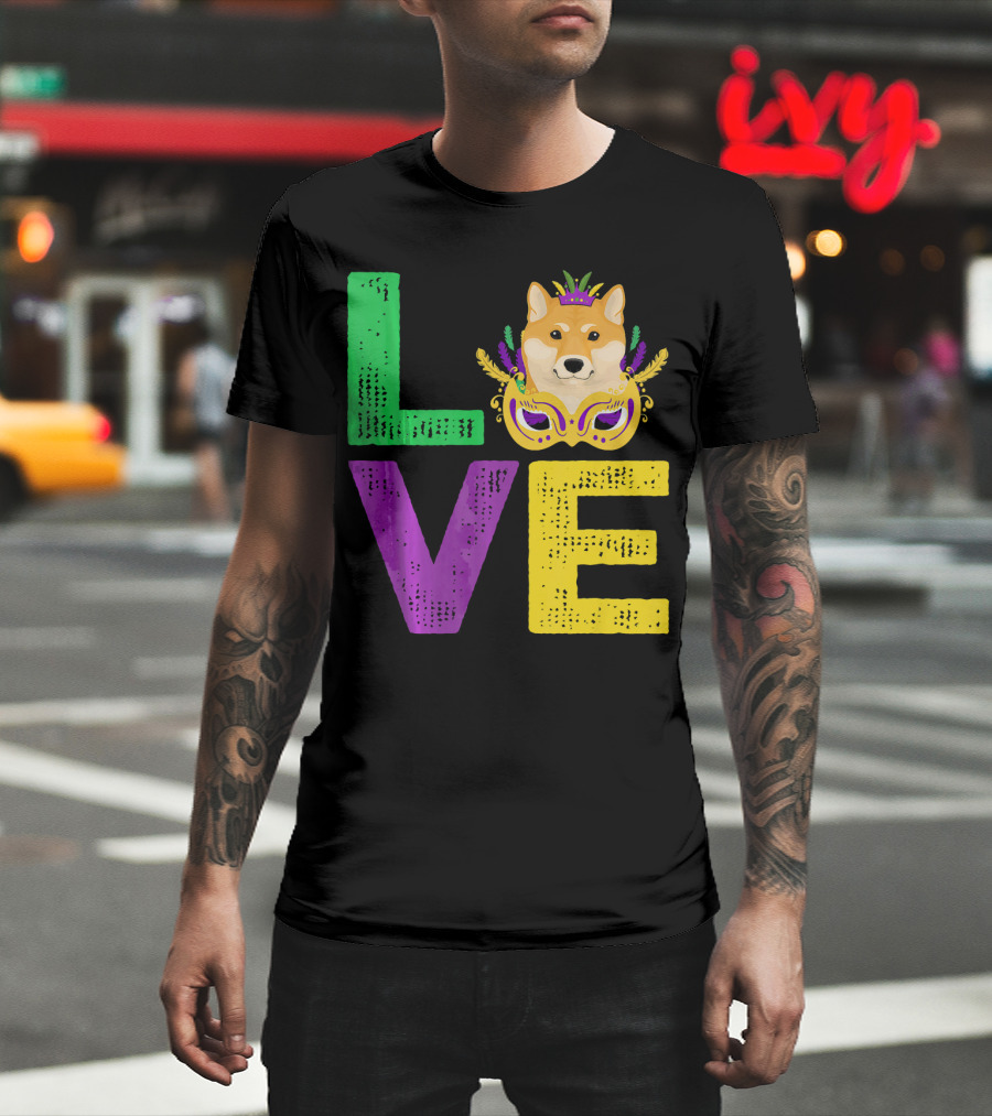Love Shiba Inu Dog Mardi Gras Funny Dog Dad T-Shirt