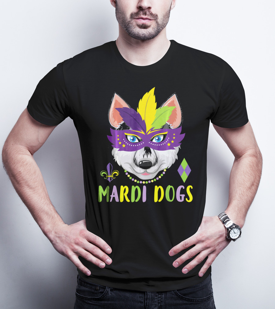 Mardi Dogs Siberian Husky Mask Beads Fleur-de-Lis T-Shirt