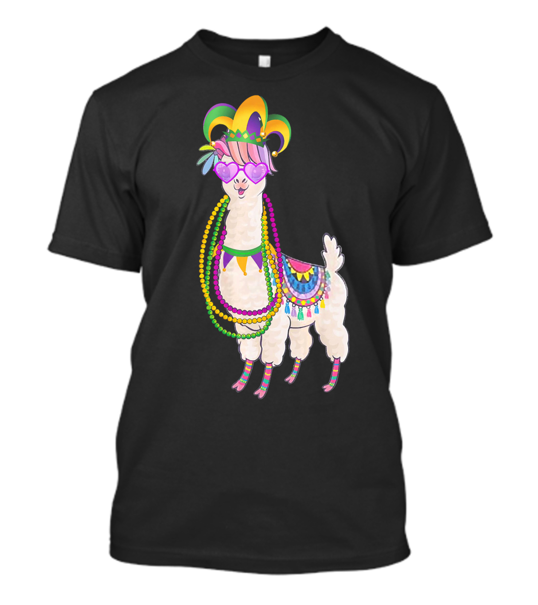 Mardi Gras Beads Masked Llama With Jester Hat T-Shirt