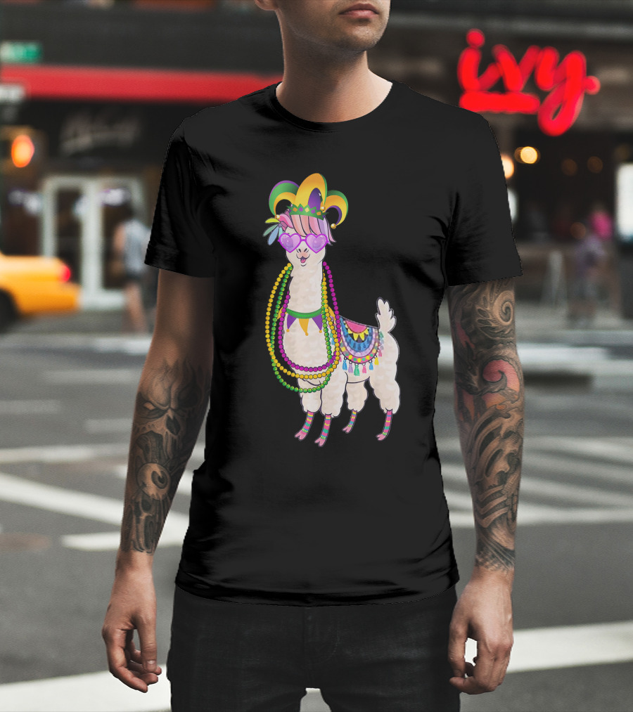 Mardi Gras Beads Masked Llama With Jester Hat T-Shirt
