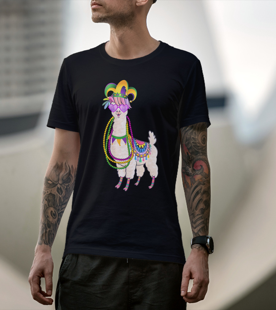 Mardi Gras Beads Masked Llama With Jester Hat T-Shirt