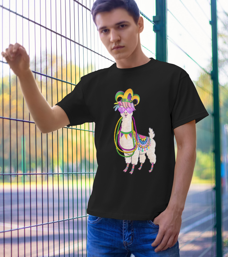 Mardi Gras Beads Masked Llama With Jester Hat T-Shirt