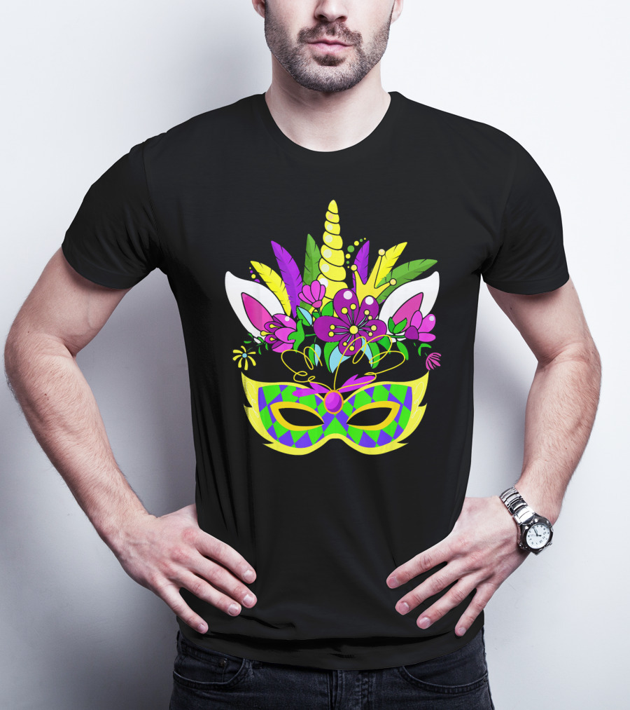 Mardi Gras Unicorn Mask Flowered Headdress T-Shirt