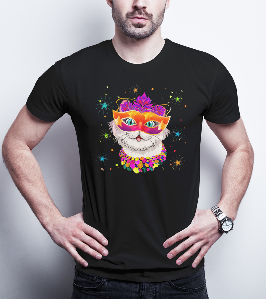 Mardi Gras Cat With Festive Mask And Beads For Cat Lovers T-Shirt