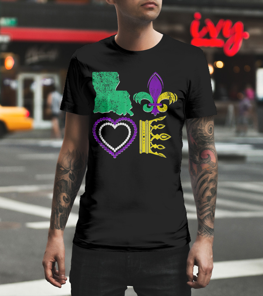 Louisiana Love Mardi Gras Fleur-de-Lis Beads Crown T-Shirt