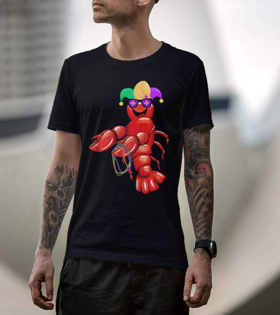 Flossing Mardi Gras Bead Jester Hat Crawfish With Sunglasses T-Shirt