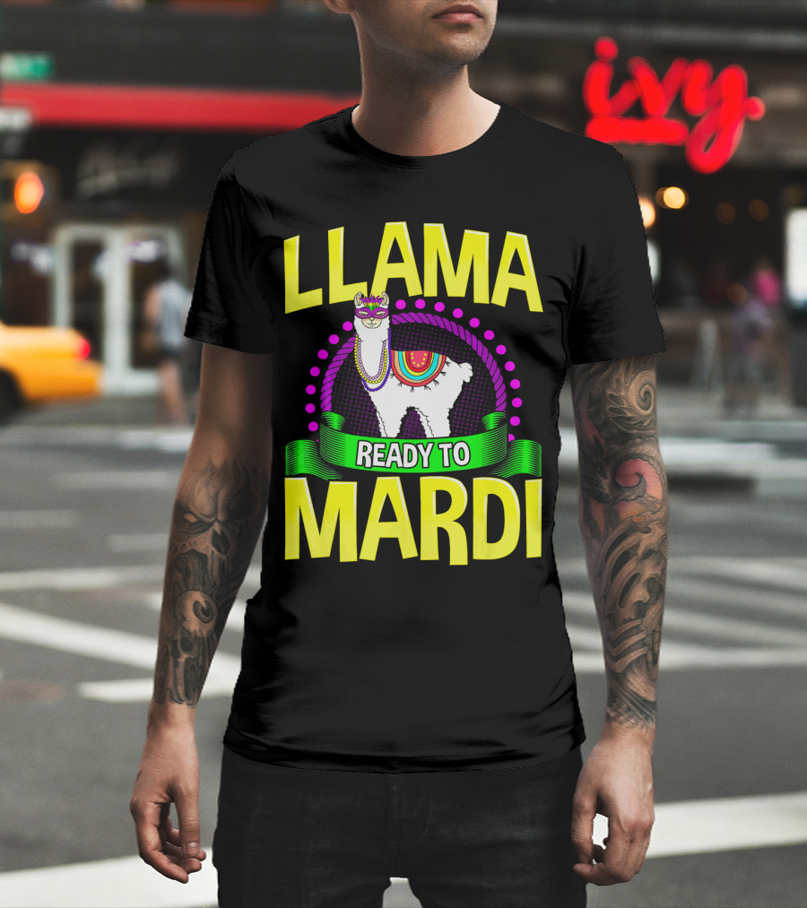 Llama Ready To Mardi Funny Llama Lover Festive Mask Beads Parade T-Shirt