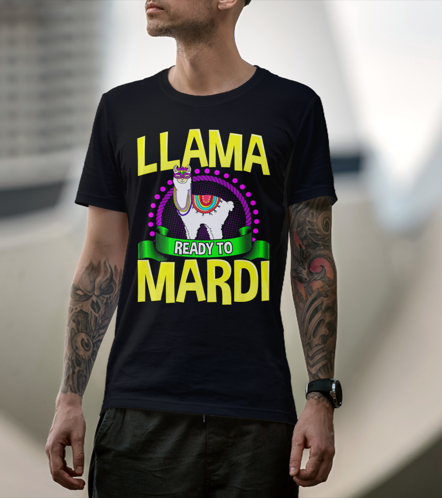 Llama Ready To Mardi Funny Llama Lover Festive Mask Beads Parade T-Shirt