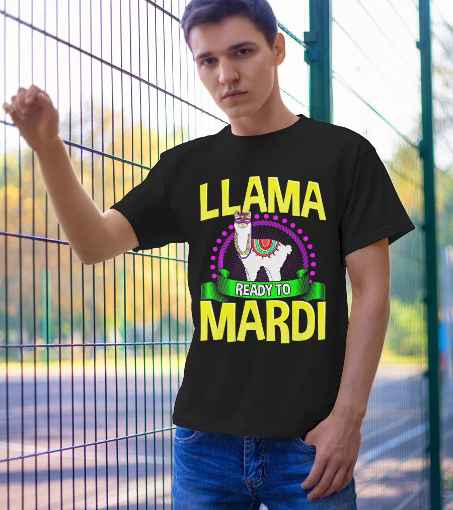 Llama Ready To Mardi Funny Llama Lover Festive Mask Beads Parade T-Shirt