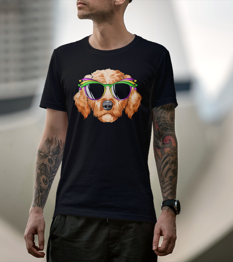 Goldendoodle Mardi Gras Carnival Mask Sunglasses T-Shirt