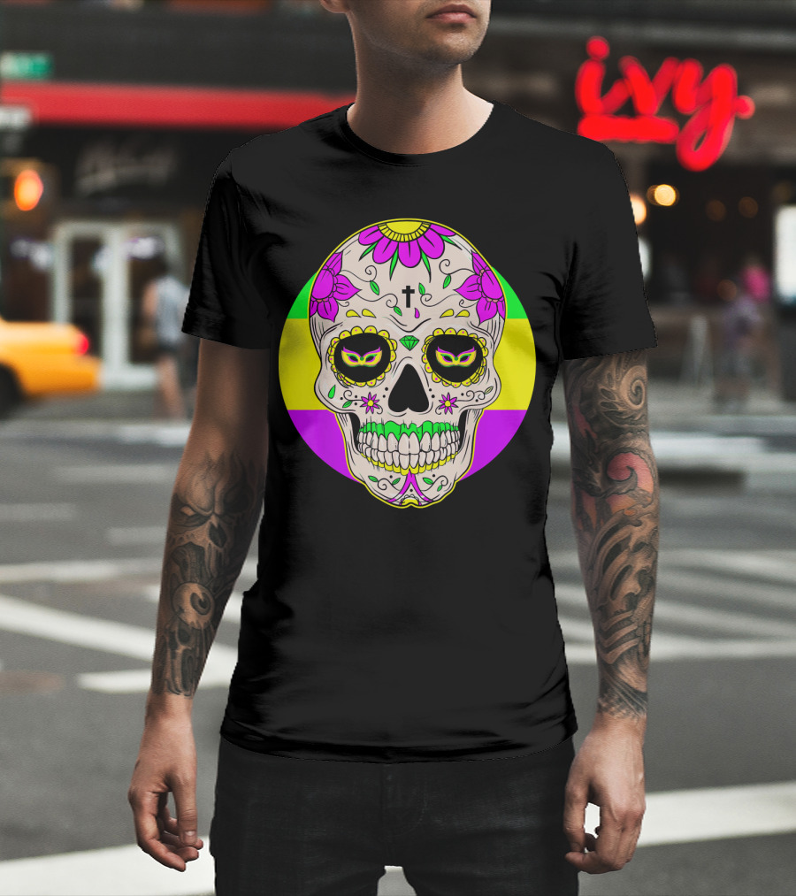 Mardi Gras Sugar Skull With Jester Hat And Mask Elements T-Shirt