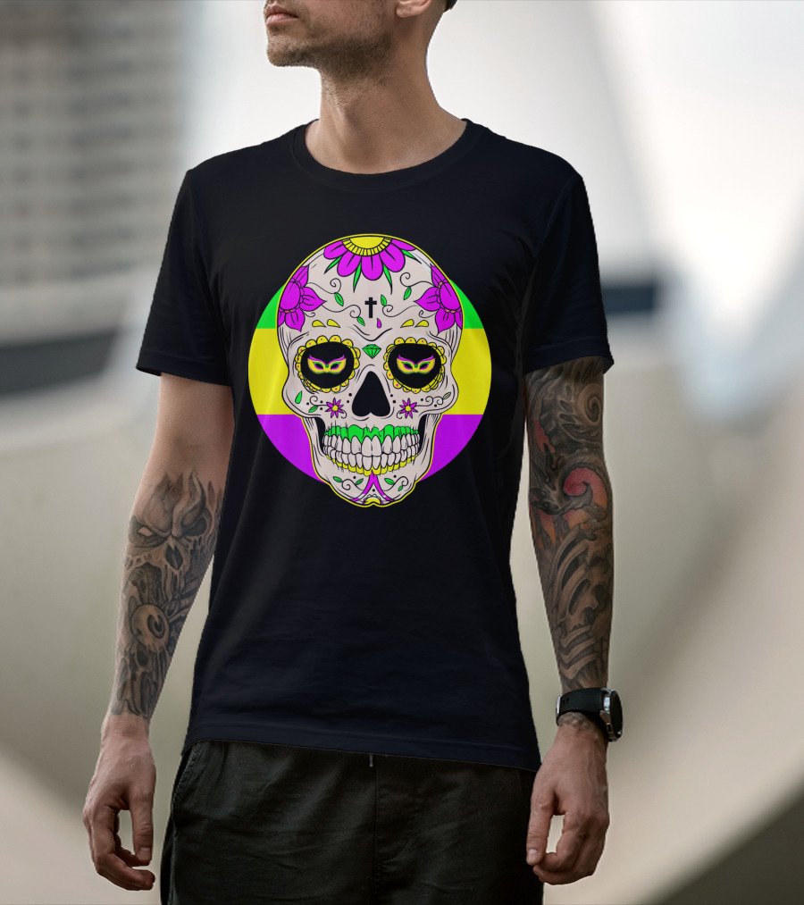 Mardi Gras Sugar Skull With Jester Hat And Mask Elements T-Shirt