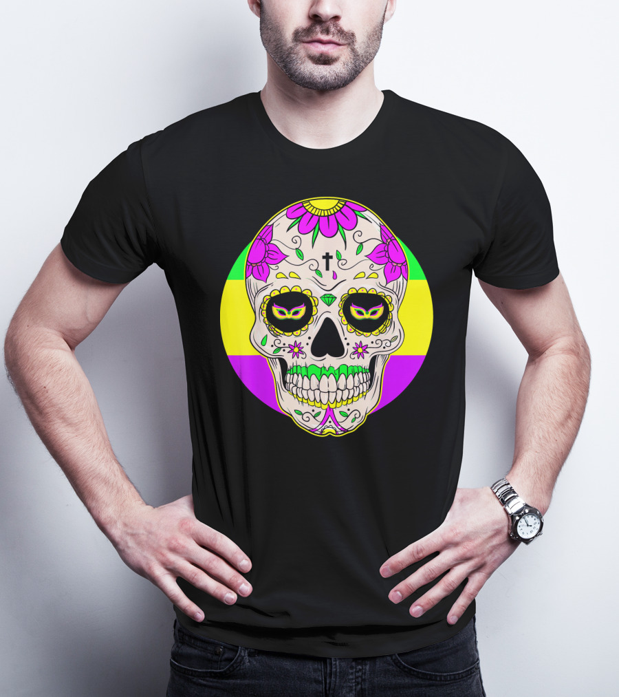 Mardi Gras Sugar Skull With Jester Hat And Mask Elements T-Shirt