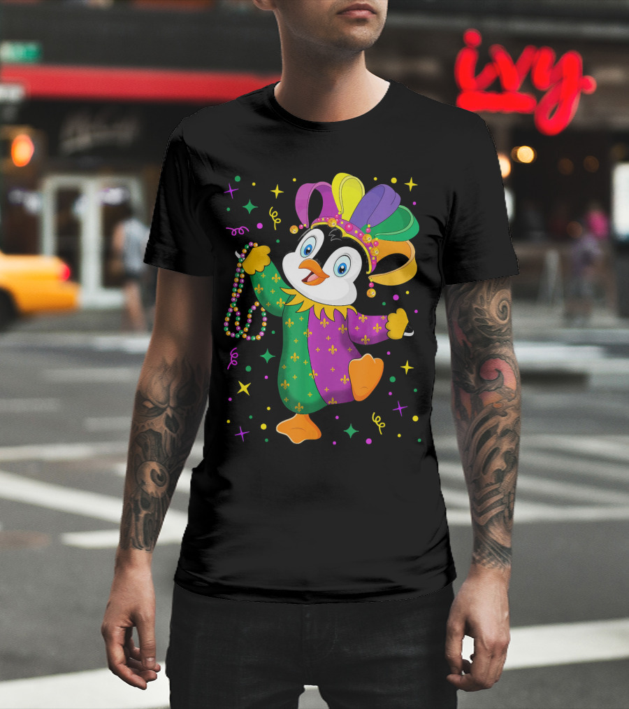 Cute Penguin Jester With Mardi Gras Colors And Beads T-Shirt