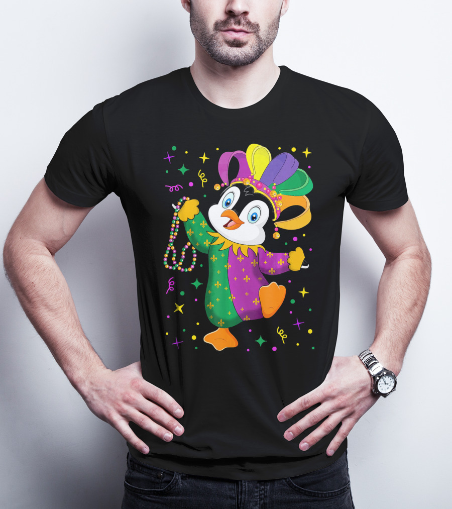 Cute Penguin Jester With Mardi Gras Colors And Beads T-Shirt
