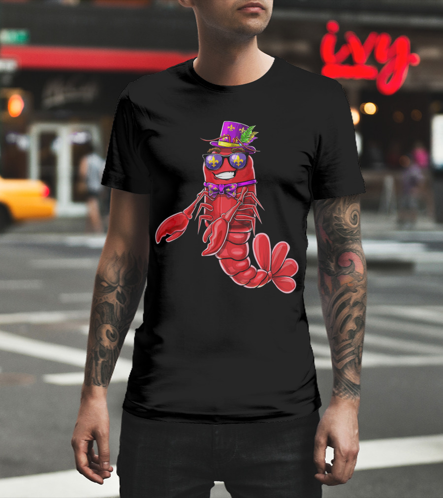 Flossing Crawfish In Mardi Gras Jester Hat With Beads And Fleur-de-lis Glasses T-Shirt