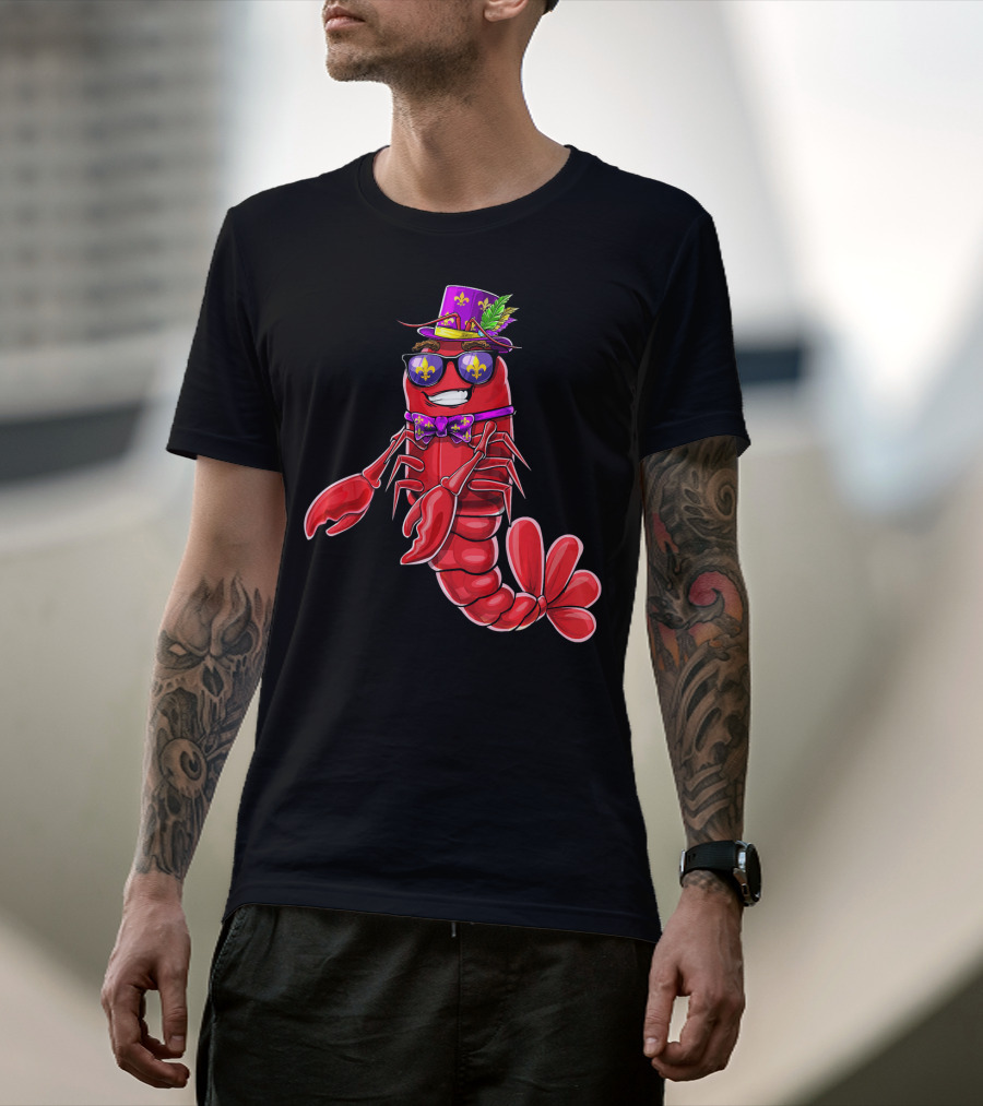 Flossing Crawfish In Mardi Gras Jester Hat With Beads And Fleur-de-lis Glasses T-Shirt