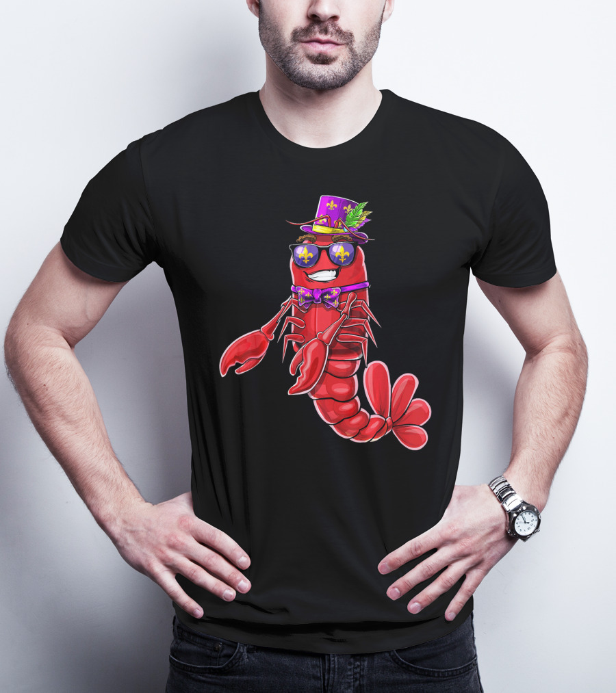 Flossing Crawfish In Mardi Gras Jester Hat With Beads And Fleur-de-lis Glasses T-Shirt