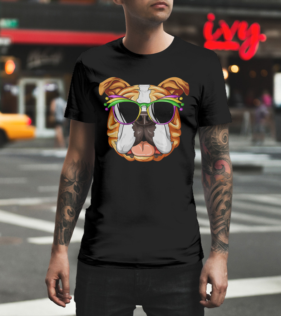 English Bulldog Wearing Colorful Mardi Gras Carnival Mask Glasses T-Shirt