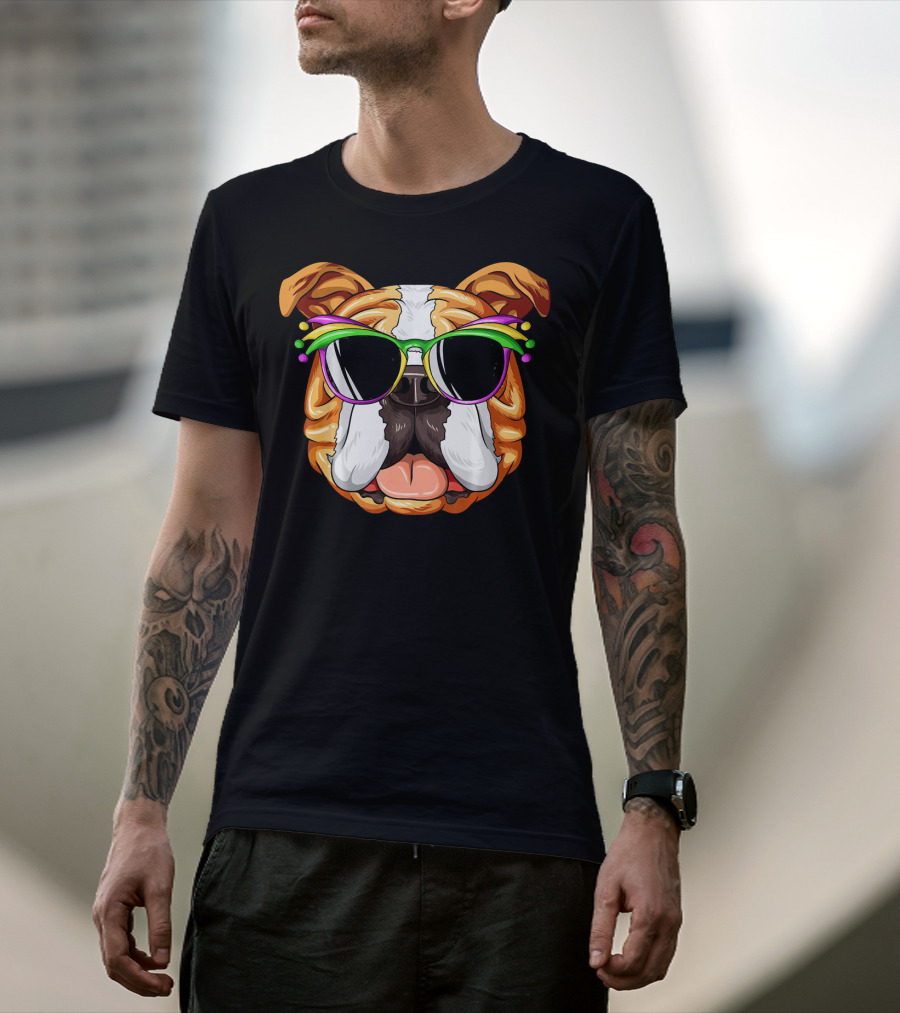 English Bulldog Wearing Colorful Mardi Gras Carnival Mask Glasses T-Shirt