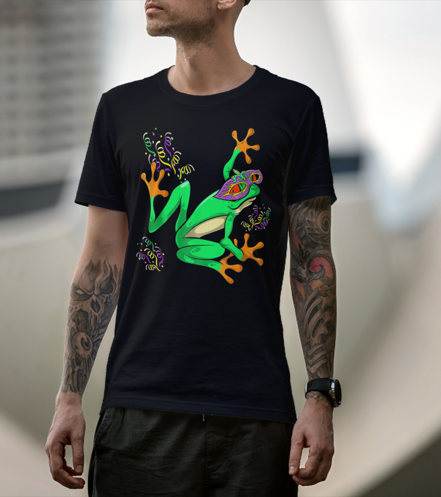 Frog In Mardi Gras Mask With Party Streamers T-Shirt