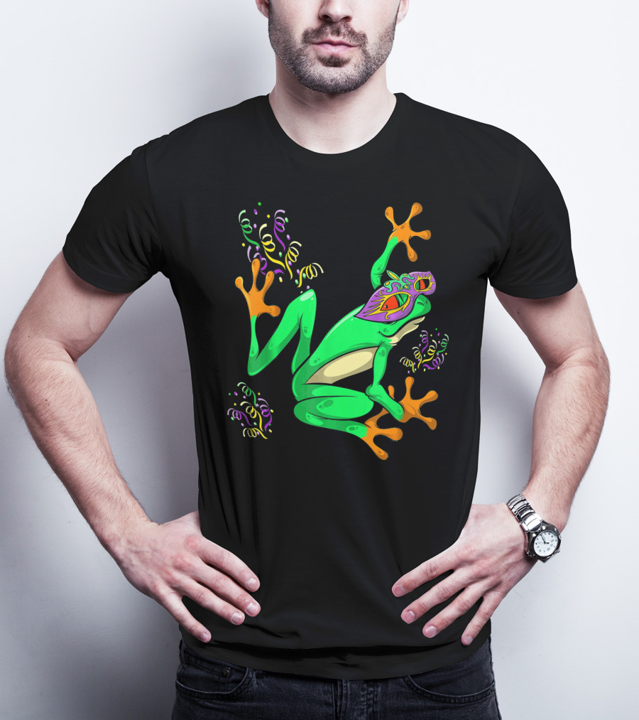 Frog In Mardi Gras Mask With Party Streamers T-Shirt