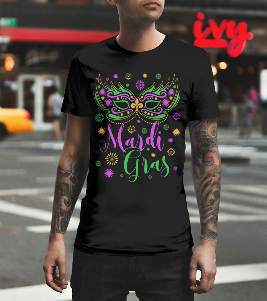 Mardi Gras Feathered Mask Colorful Celebration Text T-Shirt