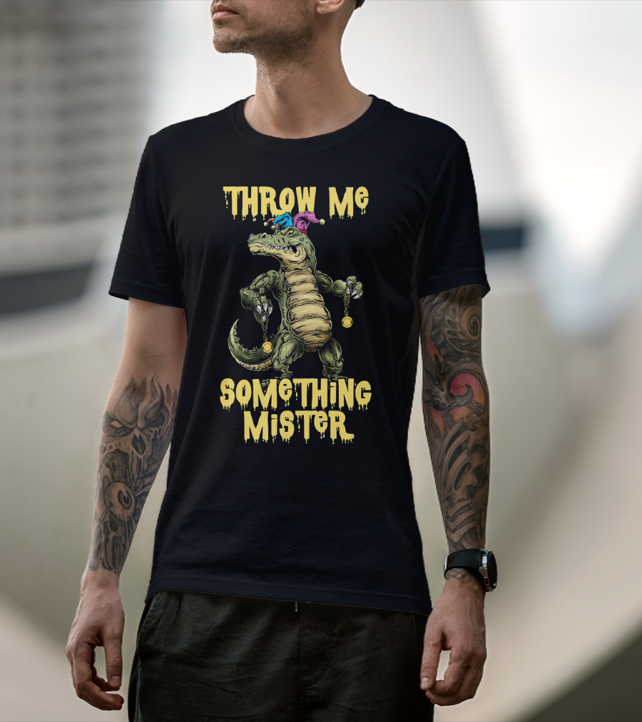 Throw Me Something Mister Mardi Gras Alligator With Beads And Jester Hat T-Shirt