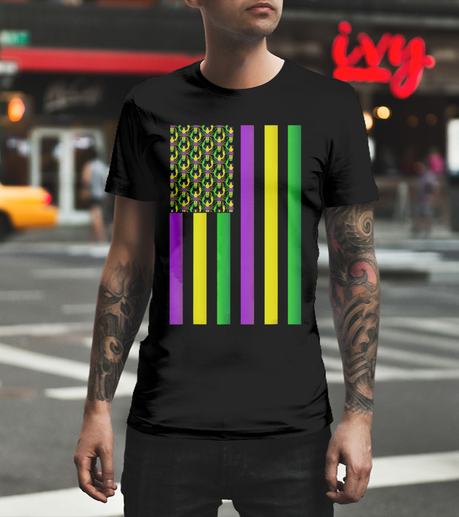 Usa Flag Mardi Gras Crawfish Purple Yellow Green Stripes T-Shirt