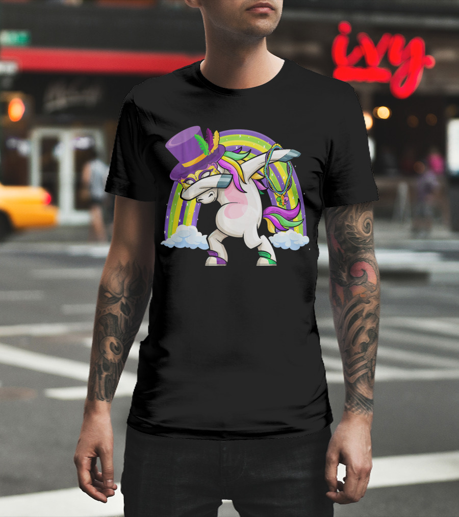 Mardi Gras Dabbing Unicorn Masked With Beads And Hat T-Shirt