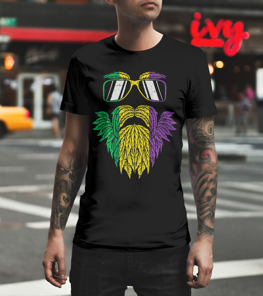 Purple Green Yellow Beard Sunglasses Mardi Gras Hipster T-Shirt
