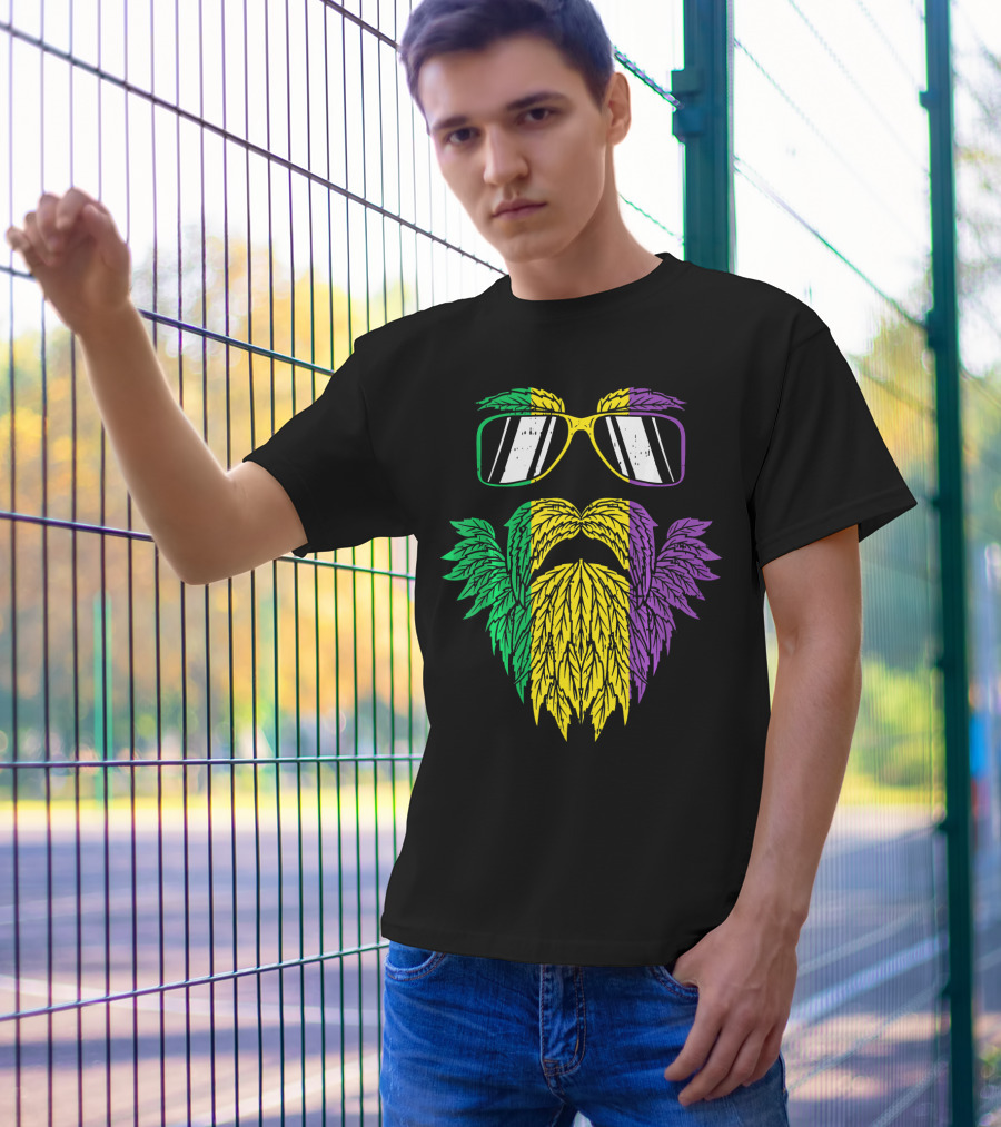 Purple Green Yellow Beard Sunglasses Mardi Gras Hipster T-Shirt