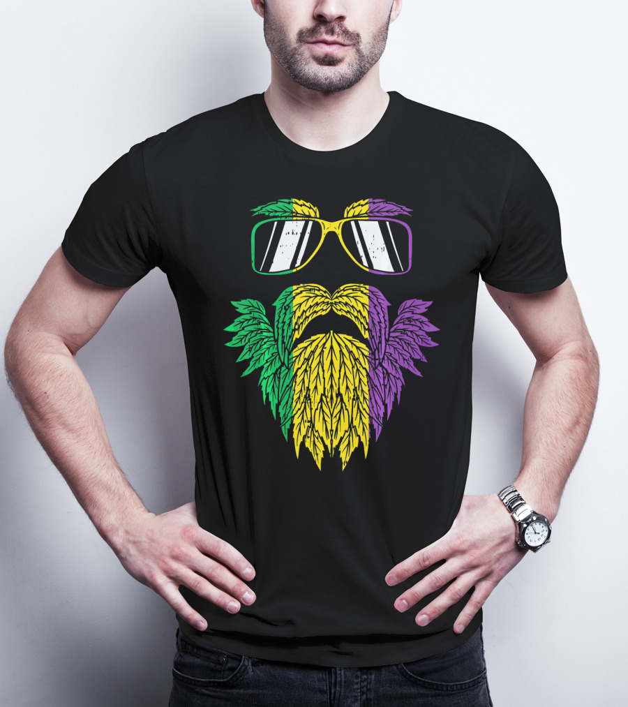 Purple Green Yellow Beard Sunglasses Mardi Gras Hipster T-Shirt
