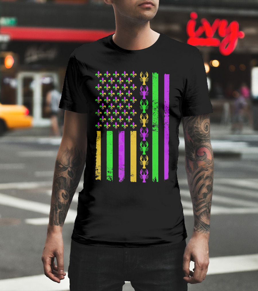 American Flag Fleur De Lis Crawfish Mardi Gras Colors T-Shirt