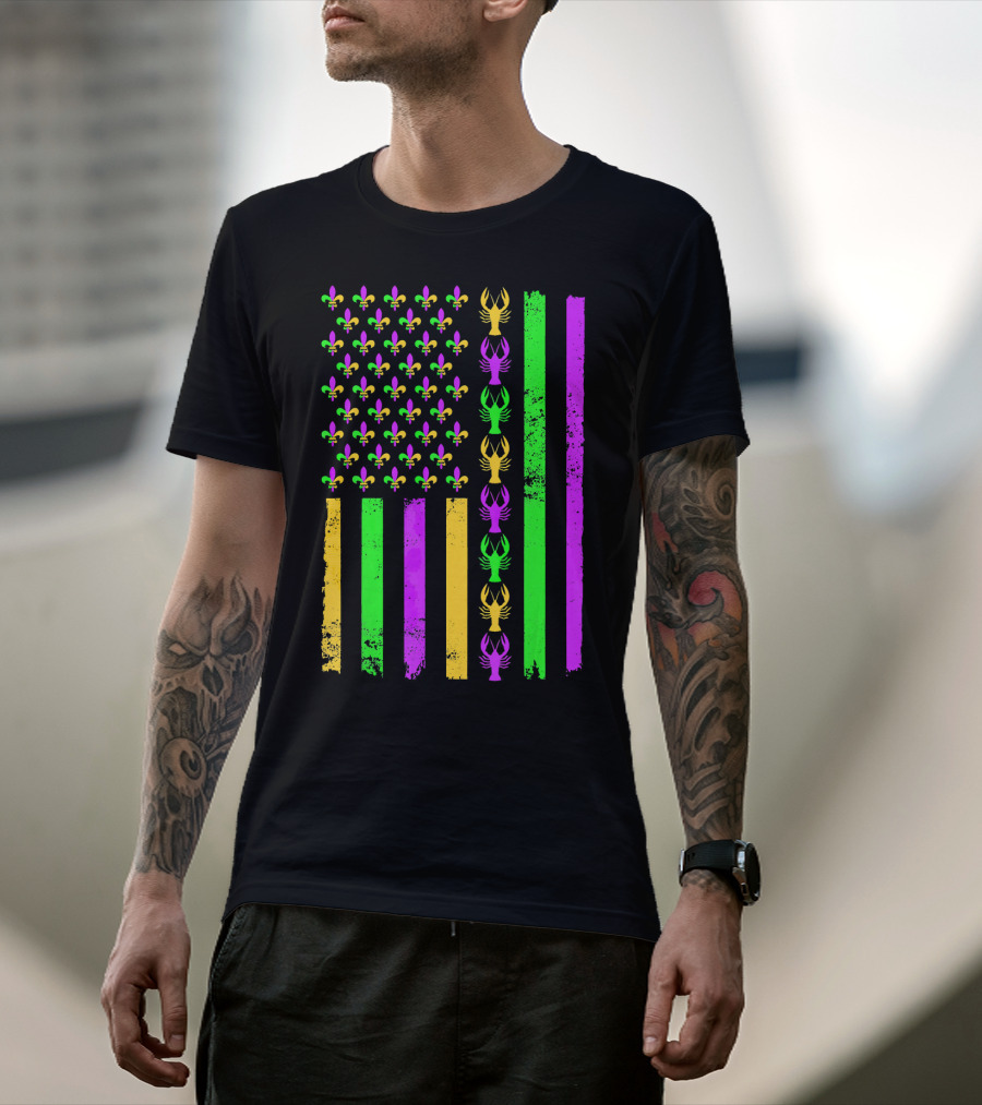 American Flag Fleur De Lis Crawfish Mardi Gras Colors T-Shirt