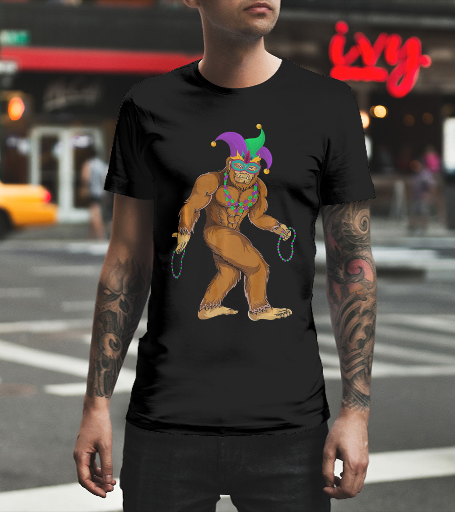 Mardi Gras Bigfoot Wearing Jester Hat Mask And Beads T-Shirt