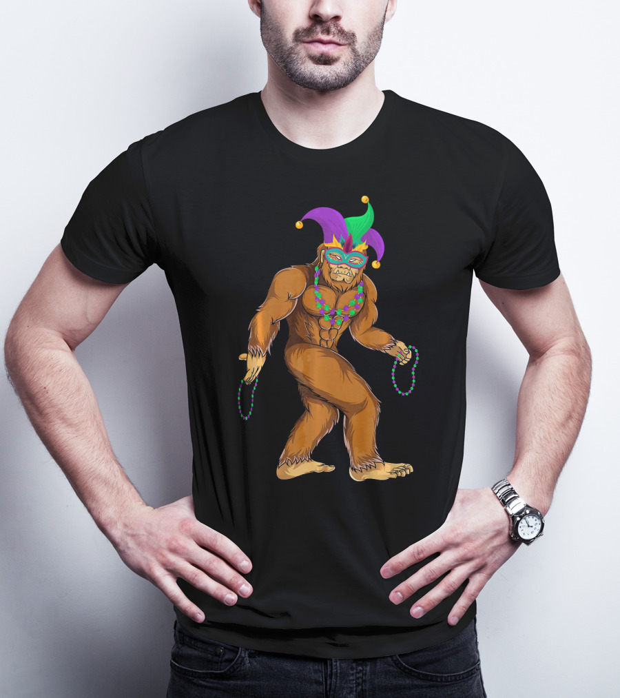 Mardi Gras Bigfoot Wearing Jester Hat Mask And Beads T-Shirt