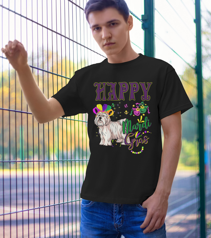 Happy Mardi Gras Maltese With Colorful Masks And Beads T-Shirt