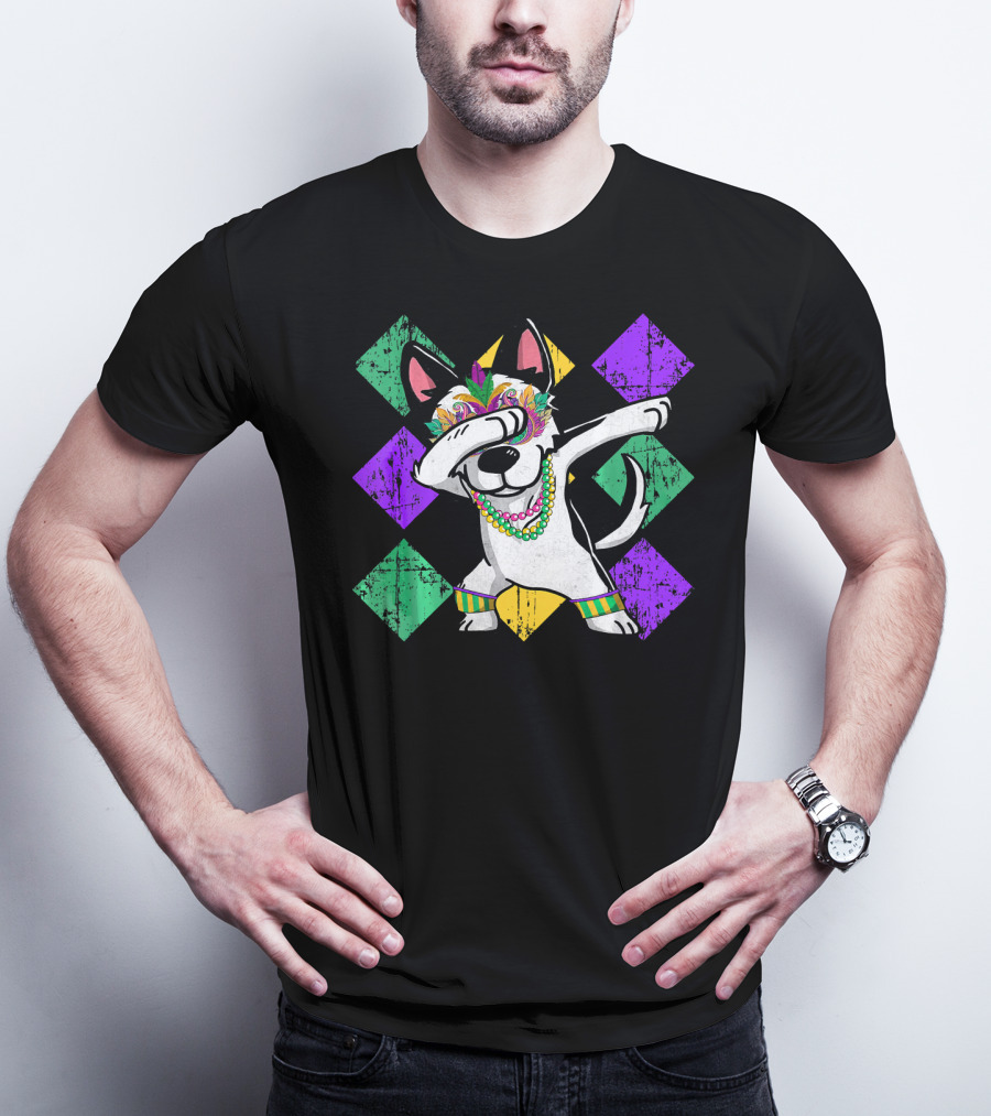 Funny Husky Dabbing In Colorful Mardi Gras Mask With Beads And Festive Diamonds T-Shirt