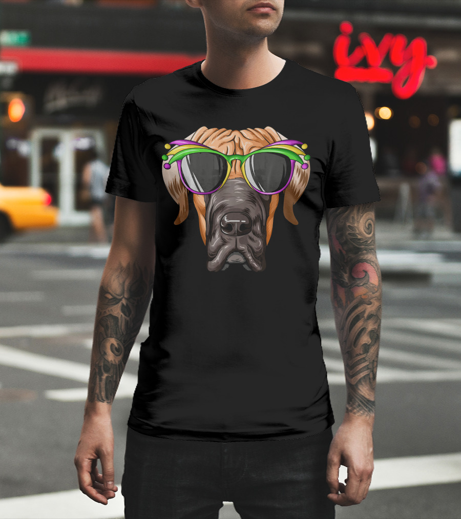 Great Dane Mardi Gras Carnival Mask Sunglasses T-Shirt