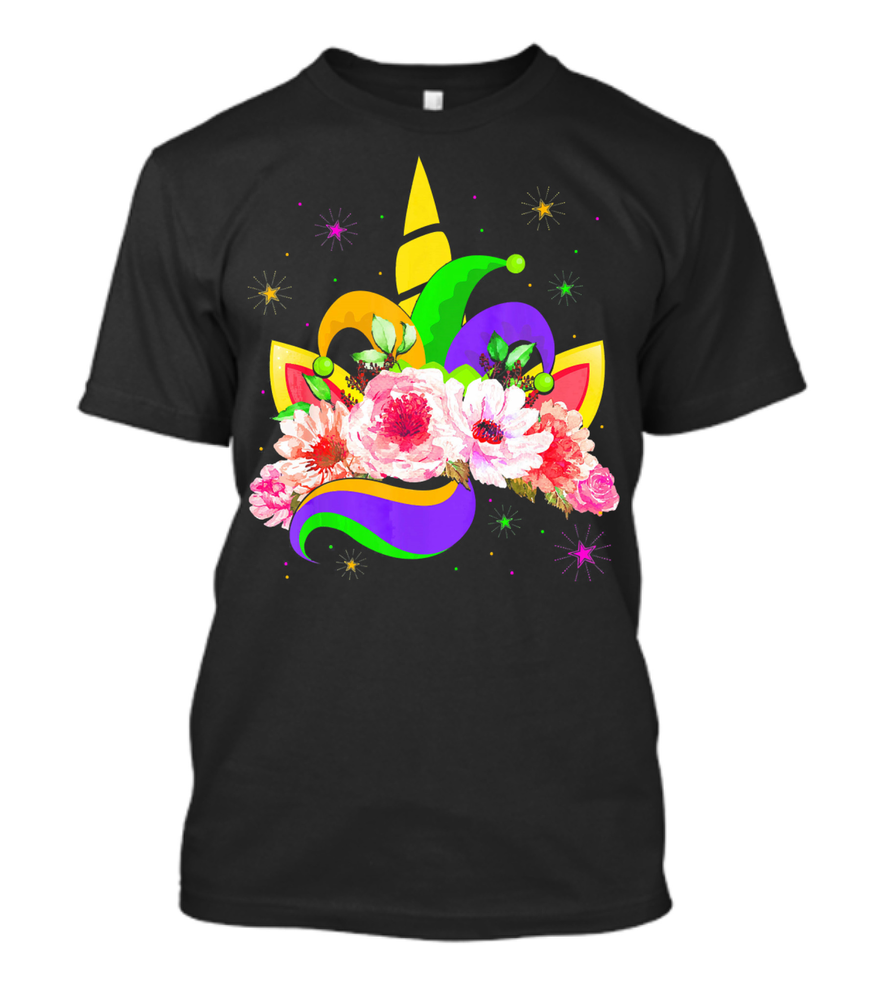 Mardi Gras Unicorn Costume With Mask Bea Floral Headpiece And Colorful Jester Hat T-Shirt