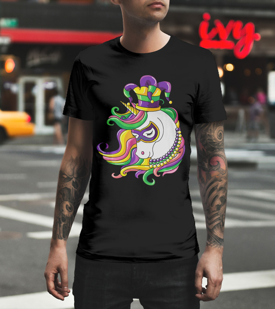 Jester Hat Rainbow Unicorn Mardi Gras Beads T-Shirt