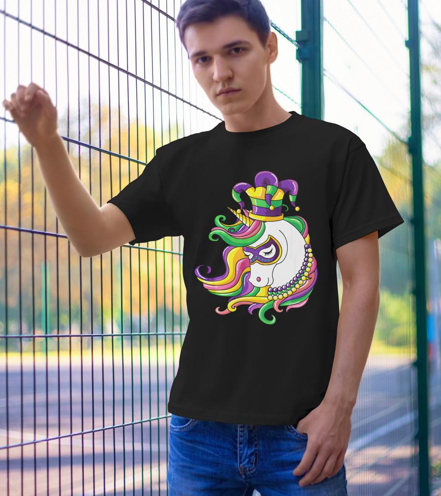 Jester Hat Rainbow Unicorn Mardi Gras Beads T-Shirt