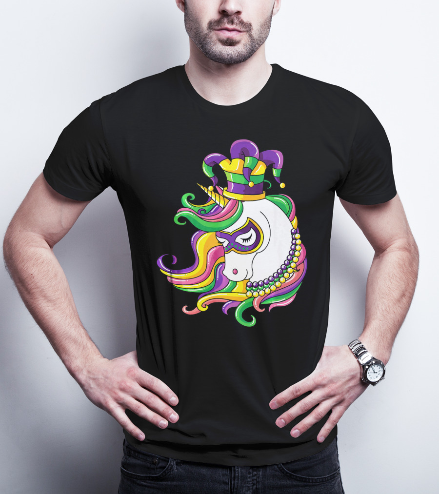 Jester Hat Rainbow Unicorn Mardi Gras Beads T-Shirt
