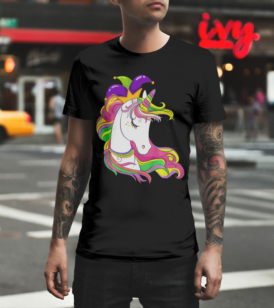 Jester Rainbow Unicorn Mardi Gras Costume With Colorful Mane And Hat T-Shirt