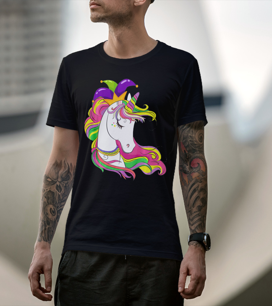 Jester Rainbow Unicorn Mardi Gras Costume With Colorful Mane And Hat T-Shirt