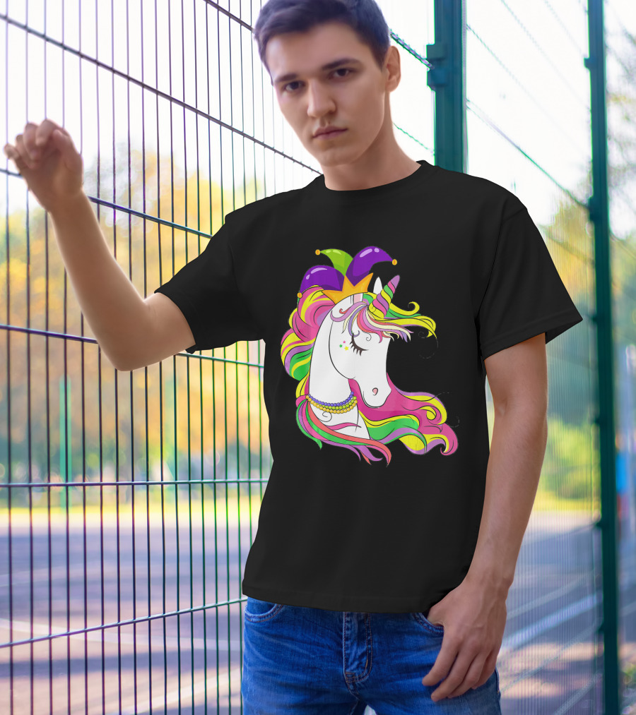 Jester Rainbow Unicorn Mardi Gras Costume With Colorful Mane And Hat T-Shirt