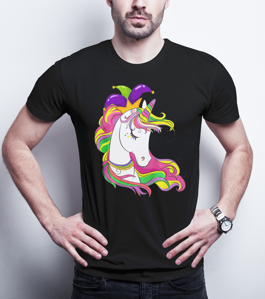 Jester Rainbow Unicorn Mardi Gras Costume With Colorful Mane And Hat T-Shirt