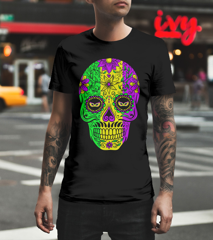 Mardi Gras Sugar Skull With Jester Hat Design And Colorful Floral T-Shirt